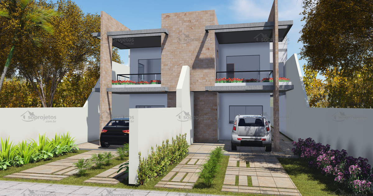 Planta de Sobrado geminado moderno com 3 quartos -... | Só Projetos